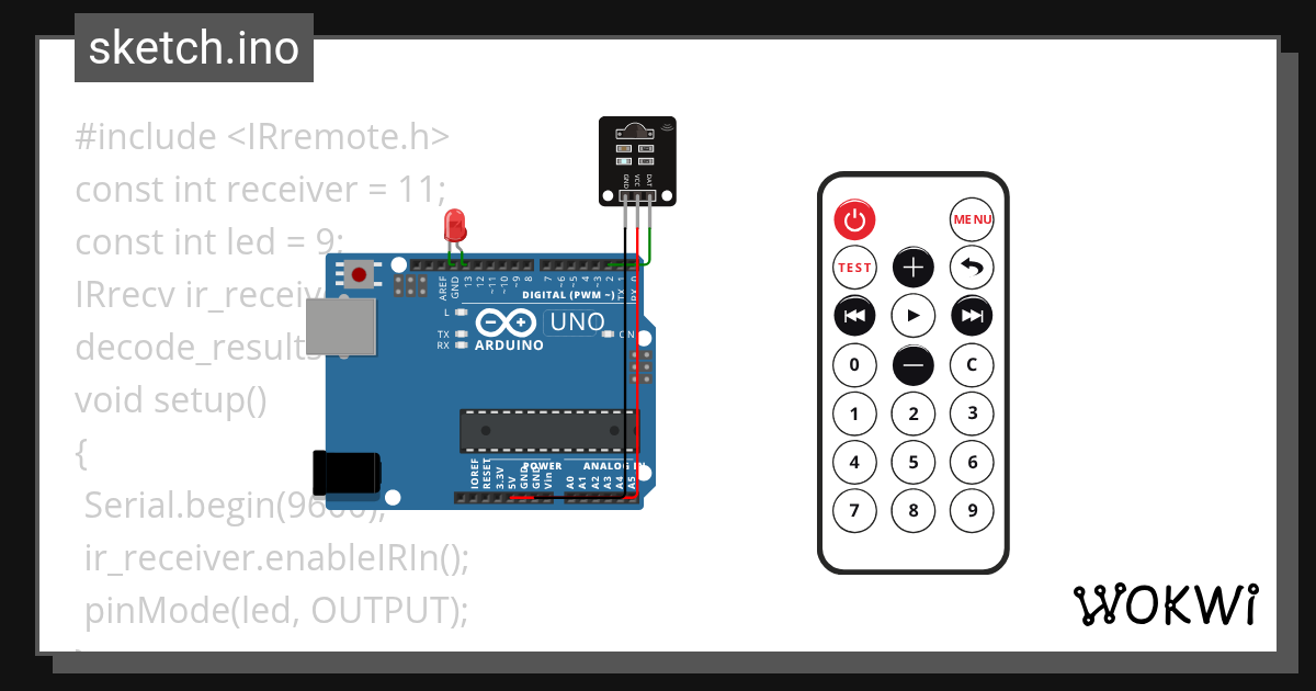 IR Remote controlled led and monitor Copy - Wokwi ESP32, STM32, Arduino Simulator