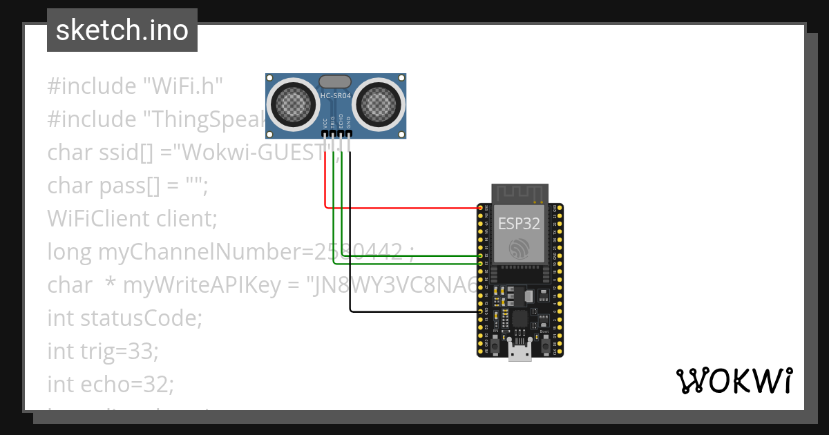 A6 ultrasonic thingspeak - Wokwi ESP32, STM32, Arduino Simulator