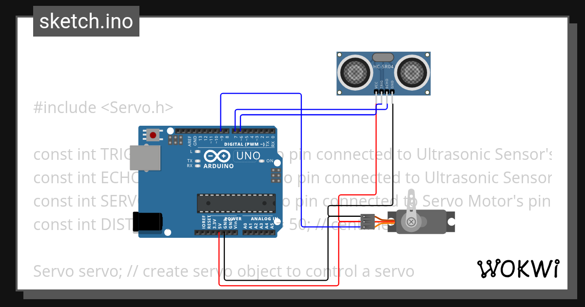Ultrasonic distance tracker with servo motor - Wokwi ESP32, STM32, Arduino Simulator