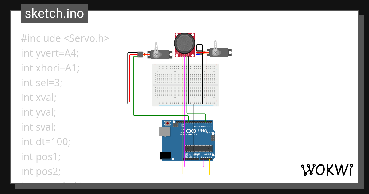 joystick to 2 servo motor - Wokwi ESP32, STM32, Arduino Simulator