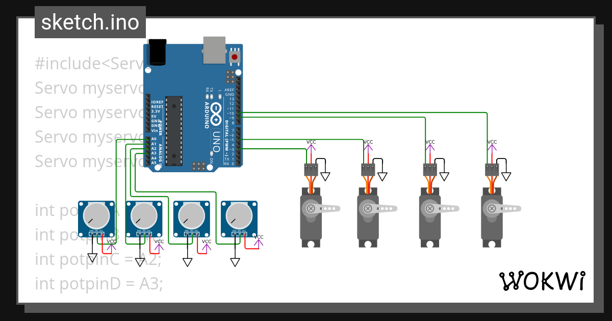 វ៉ាយ៉ាប់៤ control ៤ servo - Wokwi ESP32, STM32, Arduino Simulator