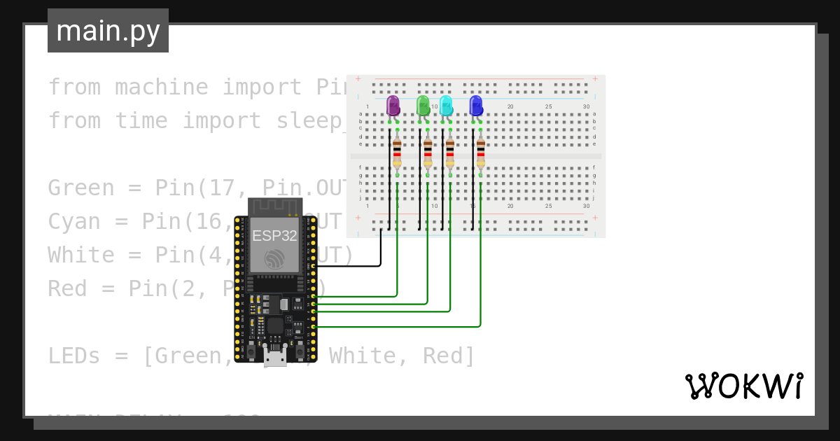 ณัฐกมล 4หลอดไล่กะพริบ Wokwi Esp32 Stm32 Arduino Simulator