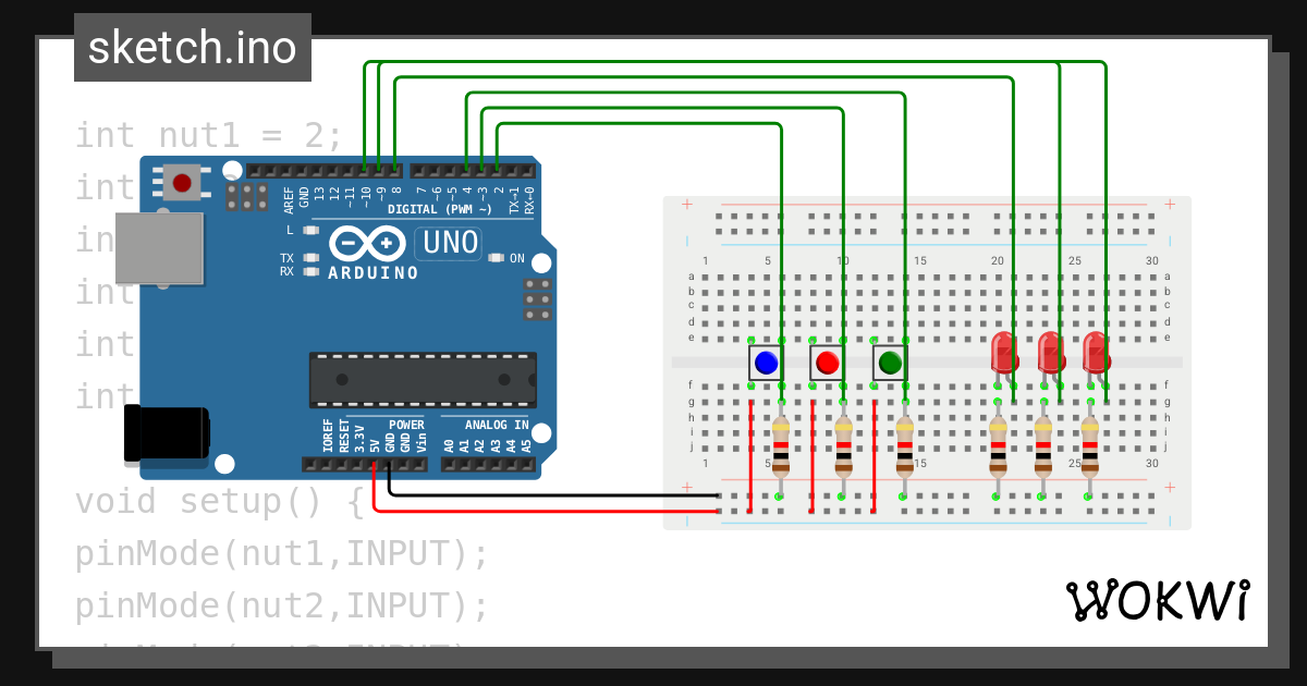 điều Khiển 3 đèn Led Bằng 3 Nút Nhấn Dồng Thời Wokwi Esp32 Stm32 Arduino Simulator 4148