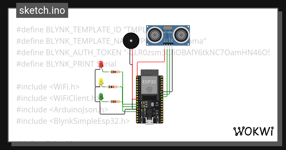 Project sensor ultrasonic dan buzzer - Wokwi ESP32, STM32, Arduino Simulator