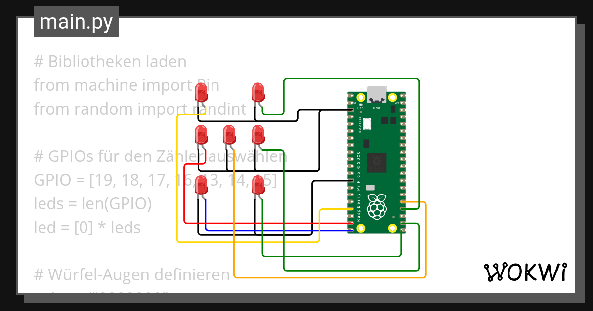 Blink with MicroPython Copy Würfel 7LED - Wokwi ESP32, STM32, Arduino Simulator