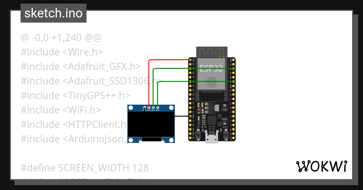 Prędkościomierz GPS esp32 i2c OLED, z alarmem - Wokwi ESP32, STM32, Arduino Simulator