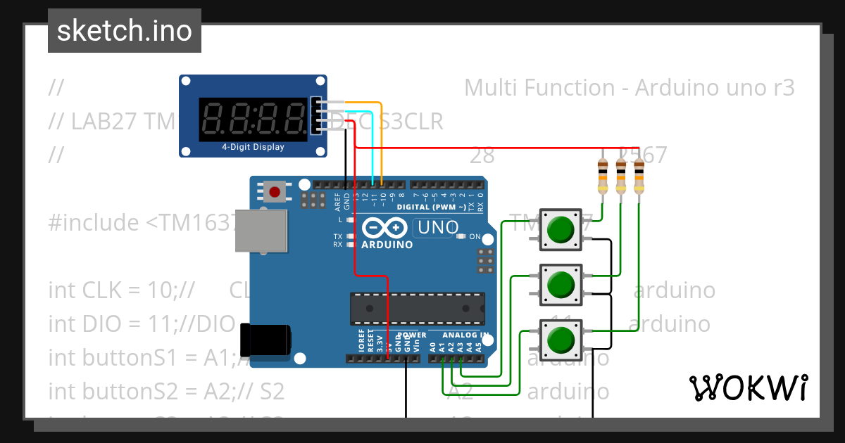 LAB27 TM1637 S1INC S2DEC S3CLR - Wokwi ESP32, STM32, Arduino Simulator