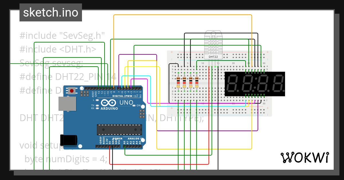 DHT 22 TO 4 digi 7 segment flim - Wokwi ESP32, STM32, Arduino Simulator