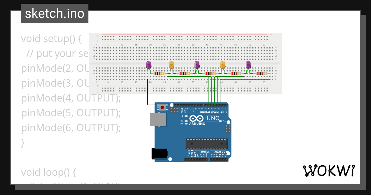Project 1 - Create a Blinking LED Wave - Wokwi ESP32, STM32, Arduino Simulator