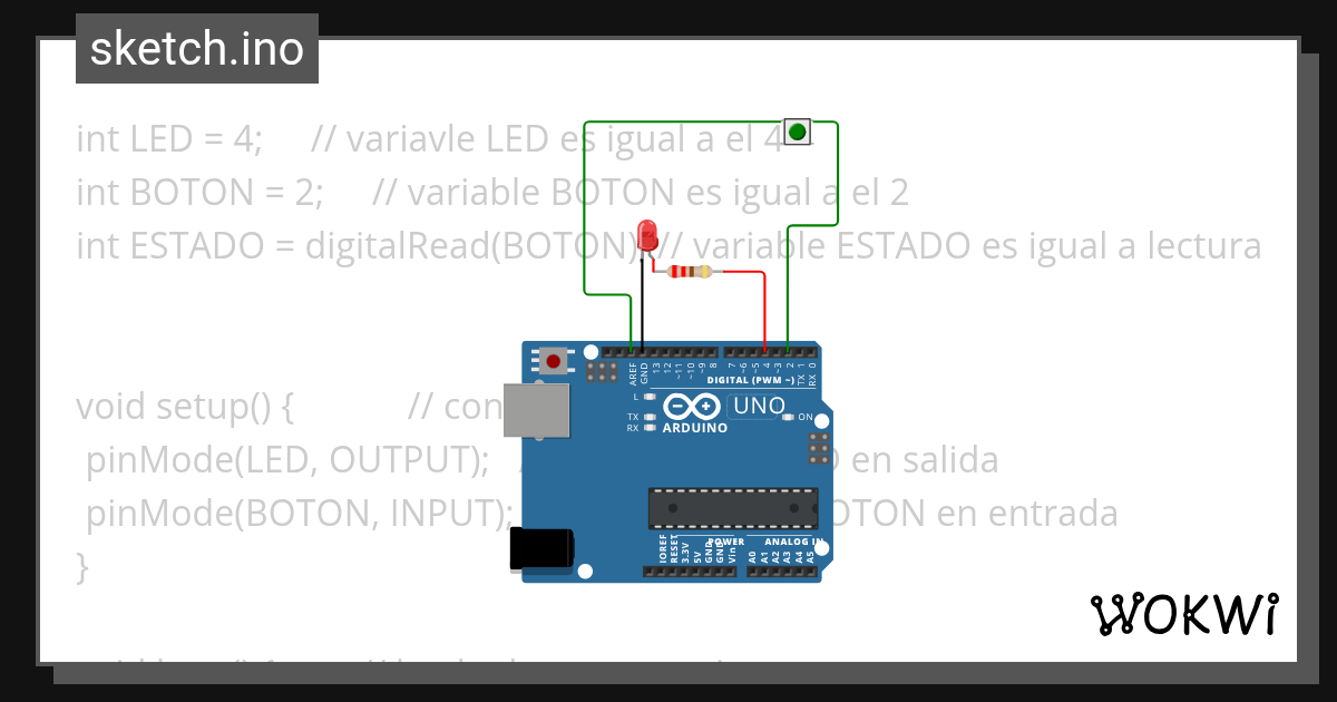 led controlado por pulsador con comandos - Wokwi ESP32, STM32, Arduino Simulator