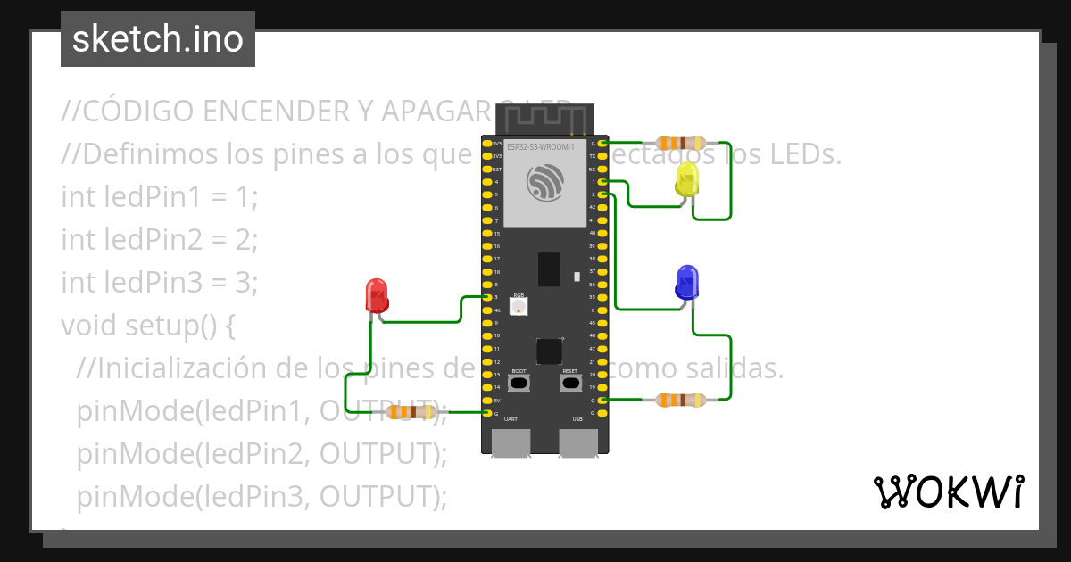 Encender 3 LEDS - Wokwi ESP32, STM32, Arduino Simulator