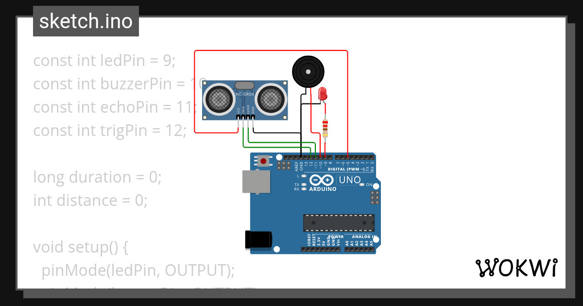 Project 5: Ultrasonic Distance Sensor with LED and Buzzer - Wokwi ESP32, STM32, Arduino Simulator