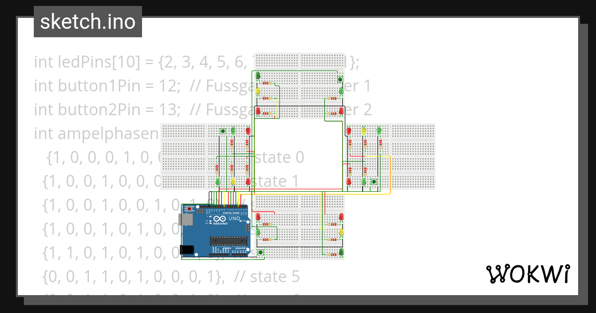 Ampelkreuzung mit Fussgänger Taster Vers.1.2 - Wokwi ESP32, STM32, Arduino Simulator