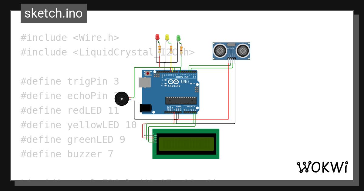 Ultrasonik 3 Led Lcd And Buzzer Copy Wokwi Esp32 Stm32 Arduino
