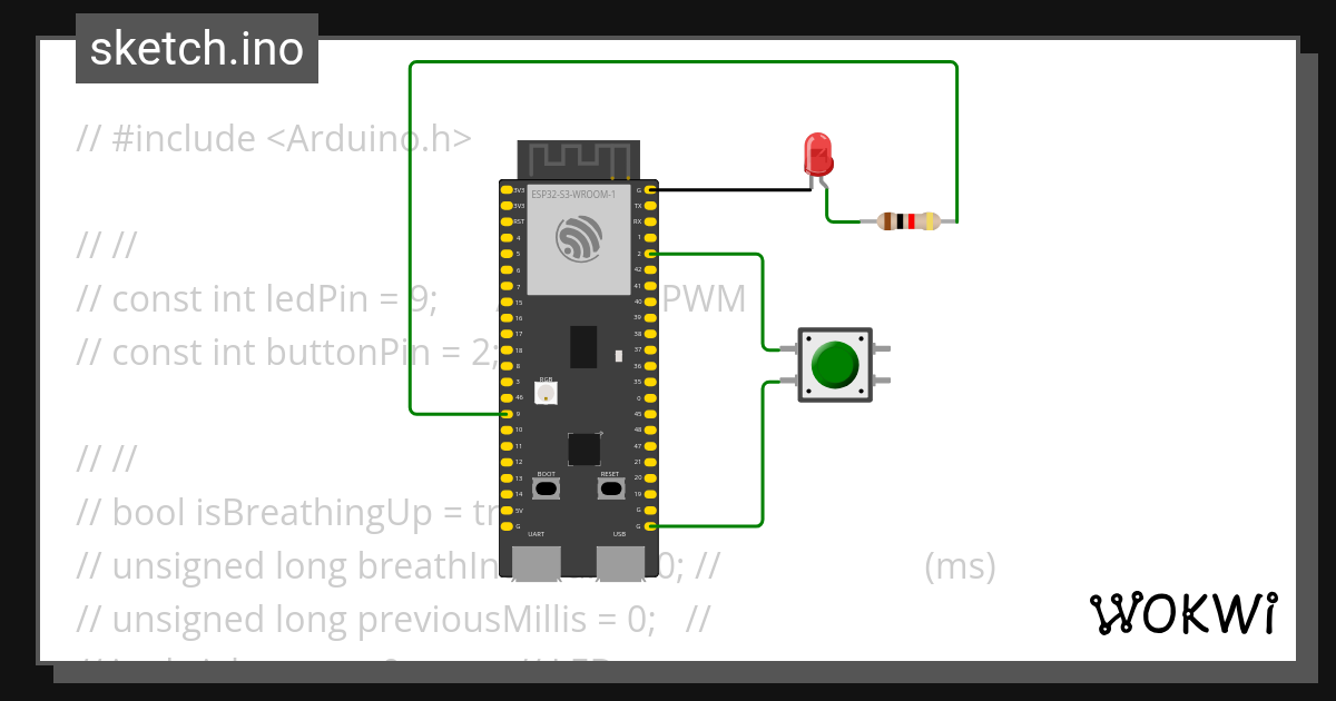 按钮控制灯亮暗,并用串口打印 Copy Wokwi Esp32 Stm32 Arduino Simulator 9086
