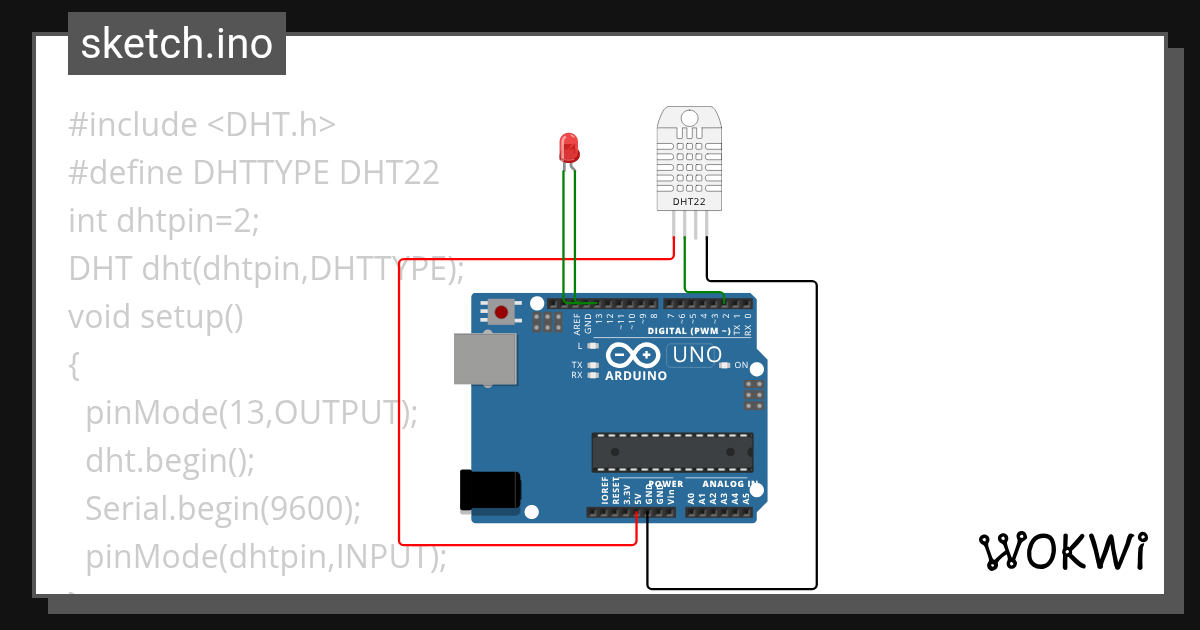 DHT22 blinking LED - Wokwi ESP32, STM32, Arduino Simulator