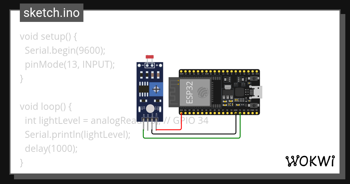 Light sensor interfacing with esp32 - Wokwi ESP32, STM32, Arduino Simulator
