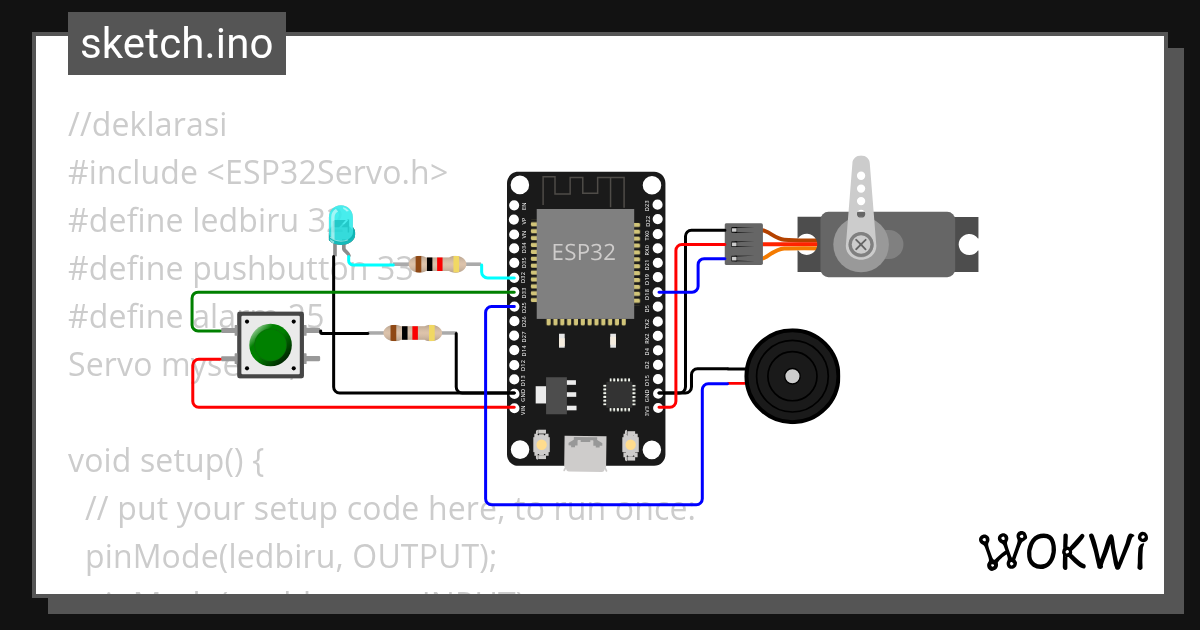 Project 3 Kontrol LED, Buzzer, dan Motor Servo dengan Push Button Copy - Wokwi ESP32, STM32 ...