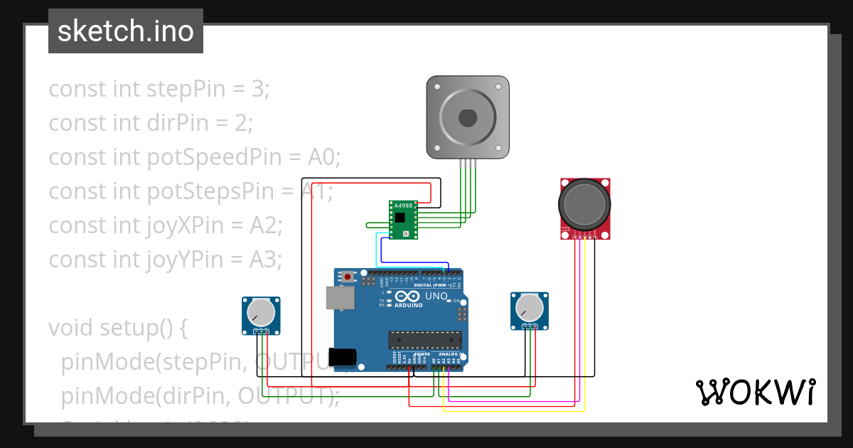 2 potenciometros, 1 motor paso a paso, 1 driver a4988 - Wokwi ESP32, STM32, Arduino Simulator