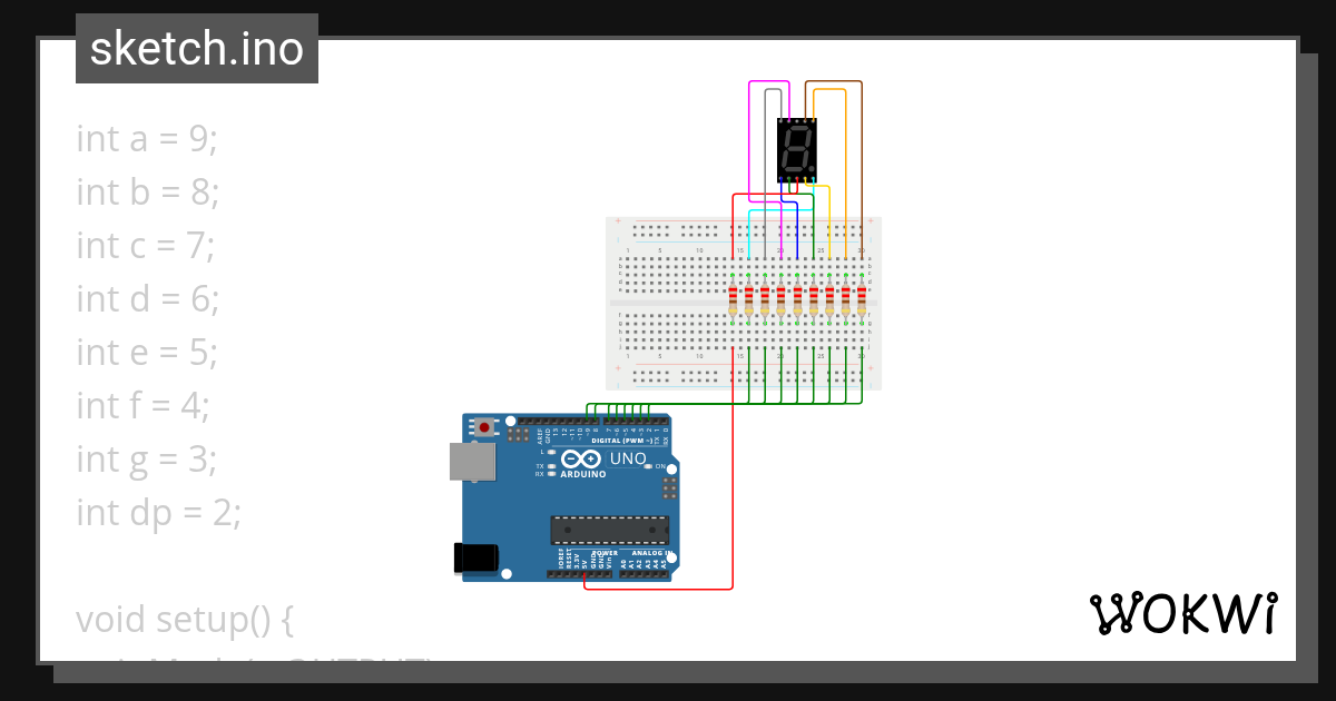 แสดงตัวเลขบน 7 Segment 1 หลัก 8 5 4 7 9 6 3 2 1 0 - Wokwi ESP32, STM32, Arduino Simulator