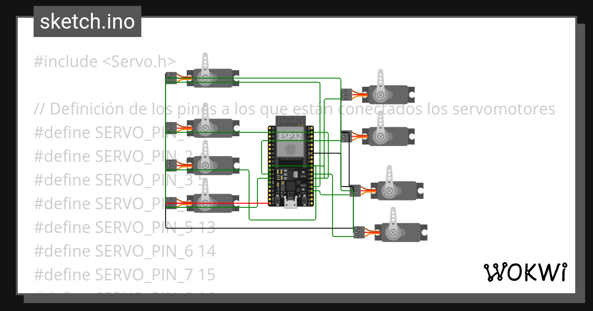ESP32 8 servomotores - Wokwi ESP32, STM32, Arduino Simulator
