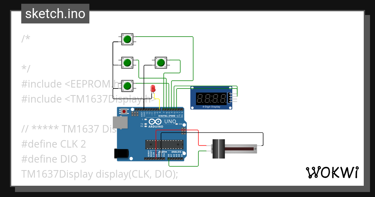 TM1637 menu AbCdEF - Wokwi ESP32, STM32, Arduino Simulator