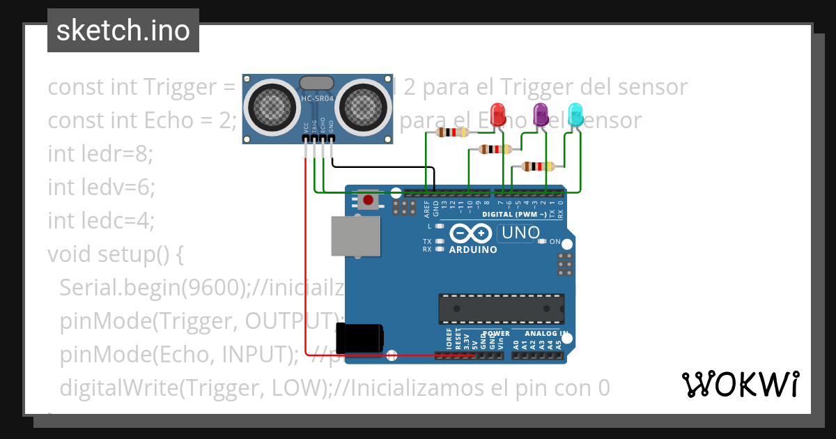 Led encendido por Ultrasonido - Wokwi ESP32, STM32, Arduino Simulator