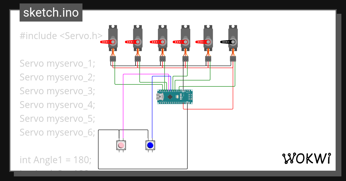 Aduno Nano and 6 Servo new - Wokwi ESP32, STM32, Arduino Simulator