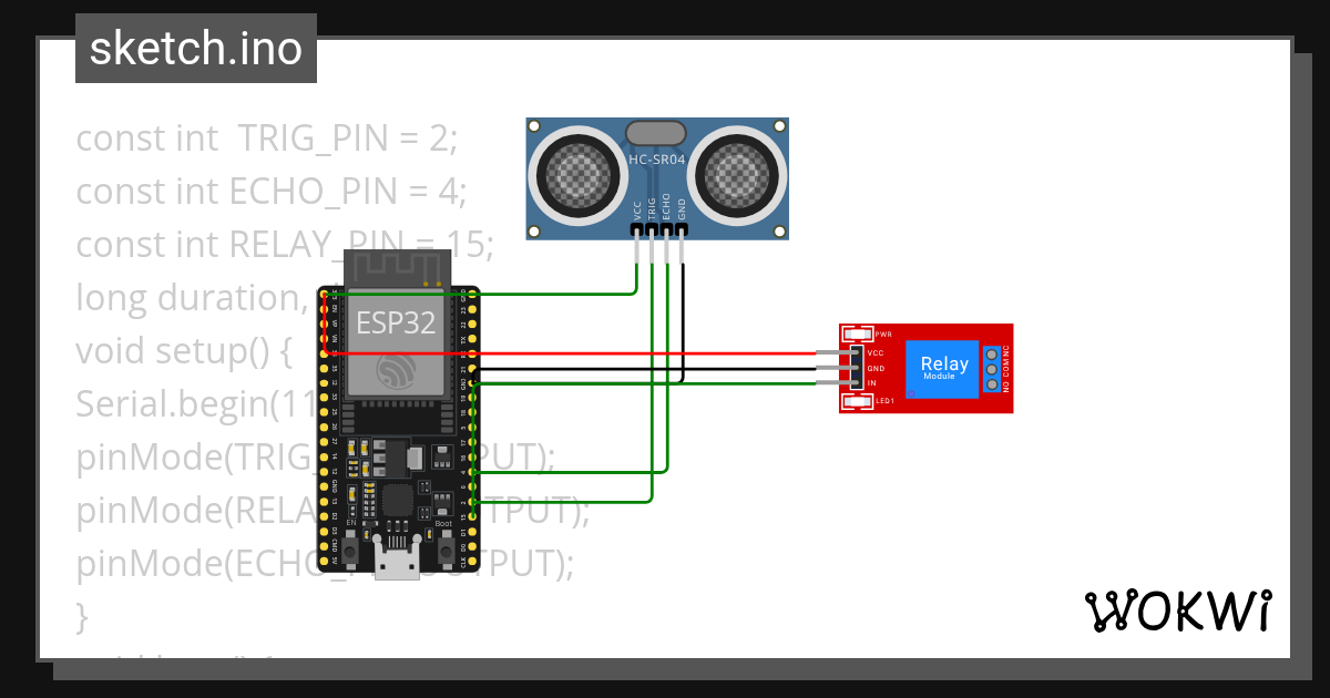 indhu ultrasonic relay - Wokwi ESP32, STM32, Arduino Simulator
