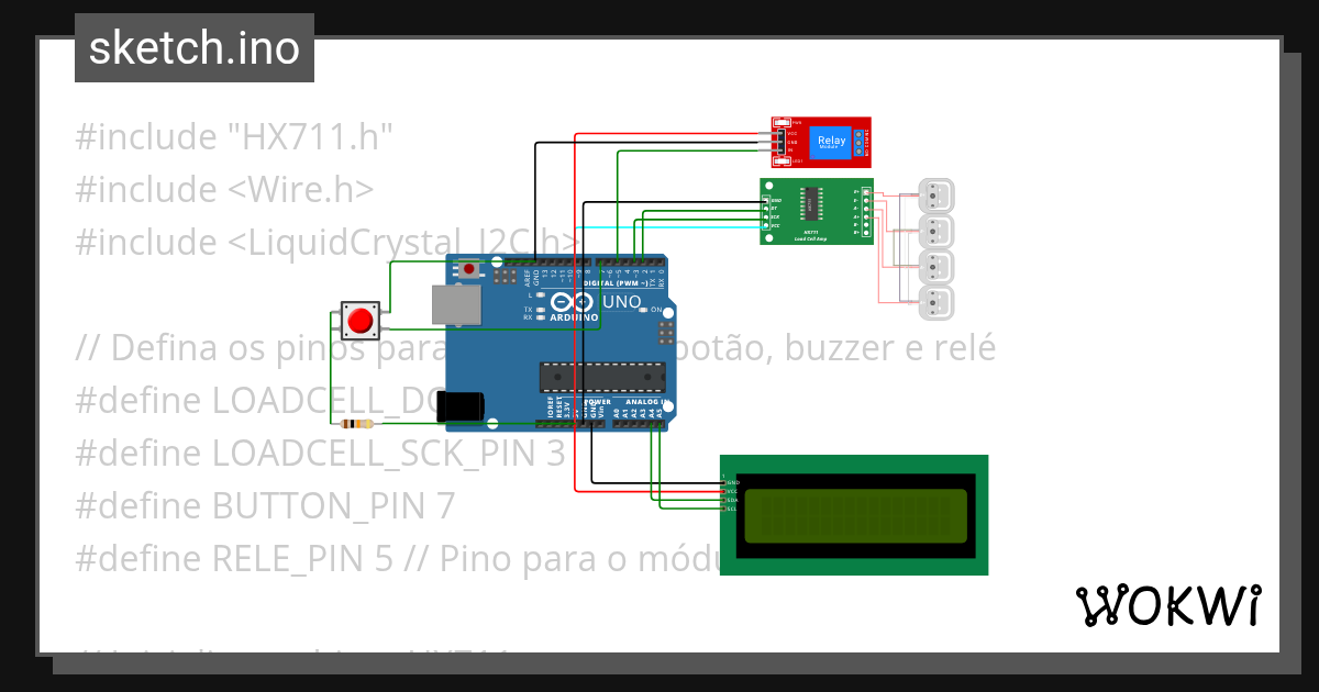 Célula de carga - Com rele para sirene 12v - Wokwi ESP32, STM32, Arduino Simulator