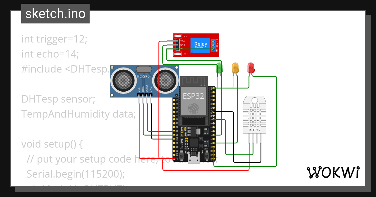 sonic,dht22,relay - Wokwi ESP32, STM32, Arduino Simulator