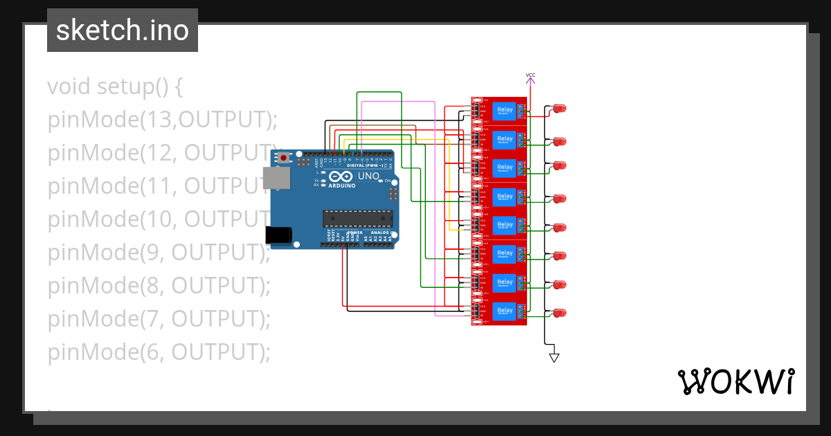 8 relay LED pattern - Wokwi ESP32, STM32, Arduino Simulator