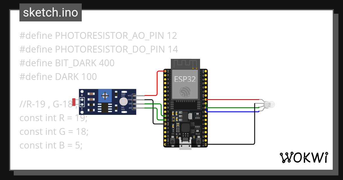 Photoresistor Car Sensor RGB - Wokwi ESP32, STM32, Arduino Simulator