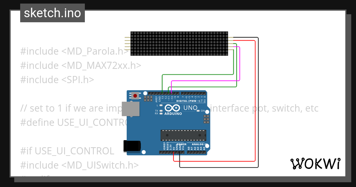 RANING TEXT MD_MAX72 - Wokwi ESP32, STM32, Arduino Simulator