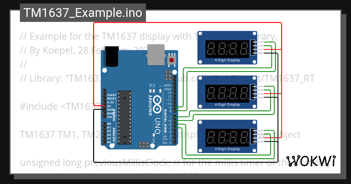 Example with TM1637_RT library Copy - Wokwi ESP32, STM32, Arduino Simulator