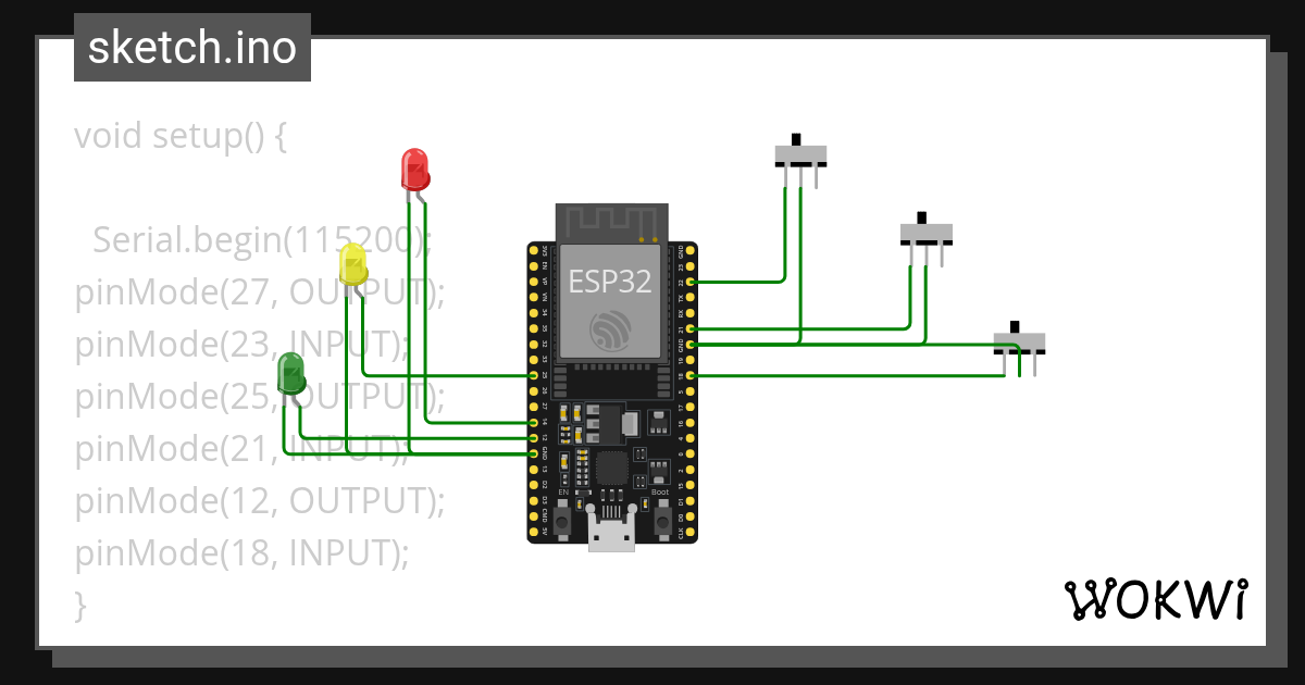 three switch three led - Wokwi ESP32, STM32, Arduino Simulator