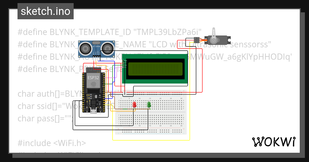 LCD with Ultrasonic senssorss and servo with LED'S - Wokwi ESP32, STM32, Arduino Simulator