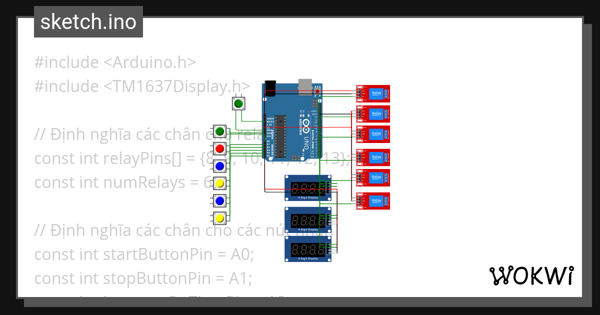 control relay 8on2off with LED 7 segment - Wokwi ESP32, STM32, Arduino Simulator