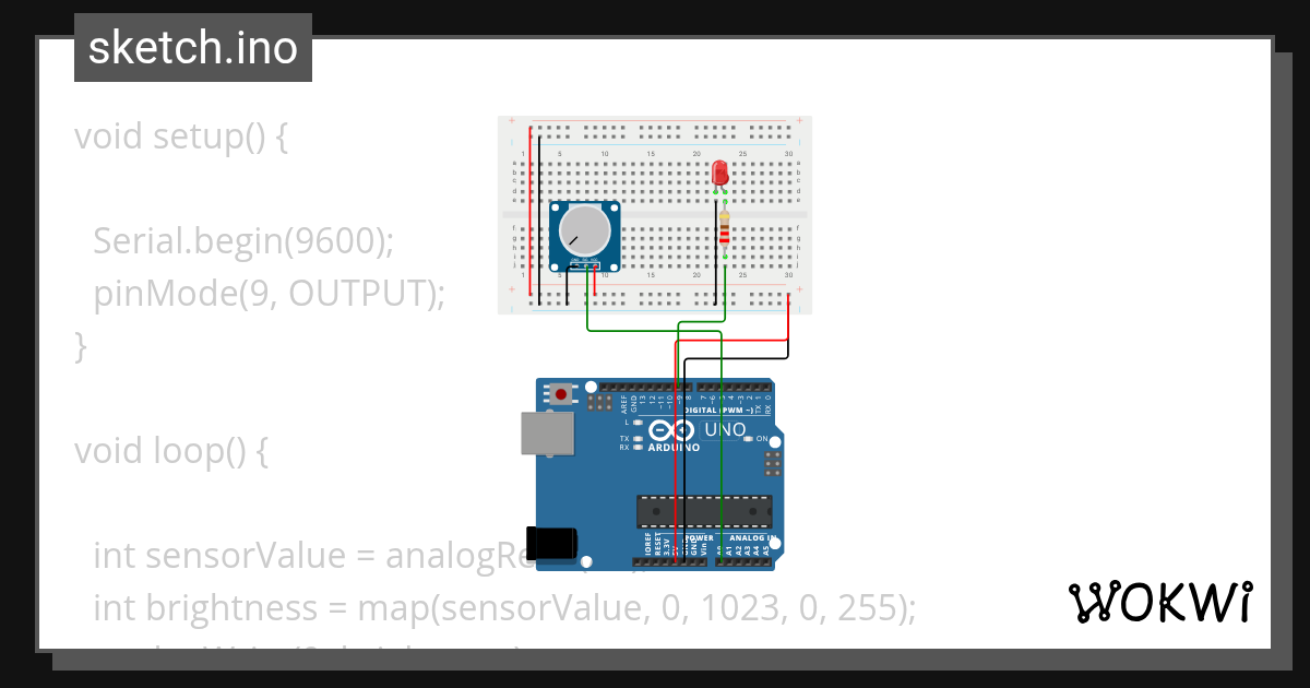 controlling the brightness of an LED using a potentiometer. - Wokwi ESP32, STM32, Arduino Simulator