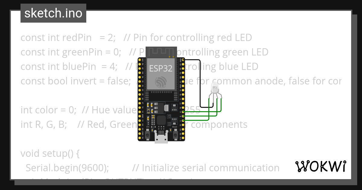 7.4 Adjusting the Color of an RGB LED with ESP32 - Wokwi ESP32, STM32, Arduino Simulator