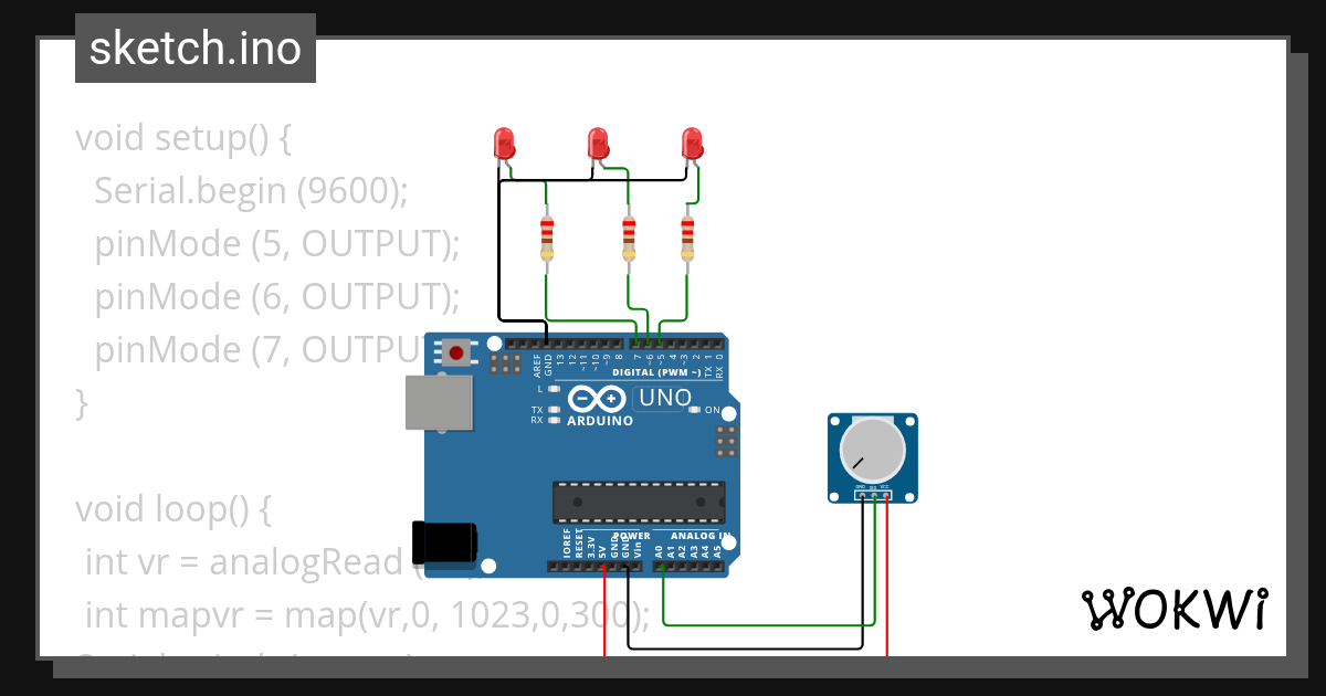 ควบคุมหลาย LED ด้วย VR ไล่ระดับ - Wokwi ESP32, STM32, Arduino Simulator