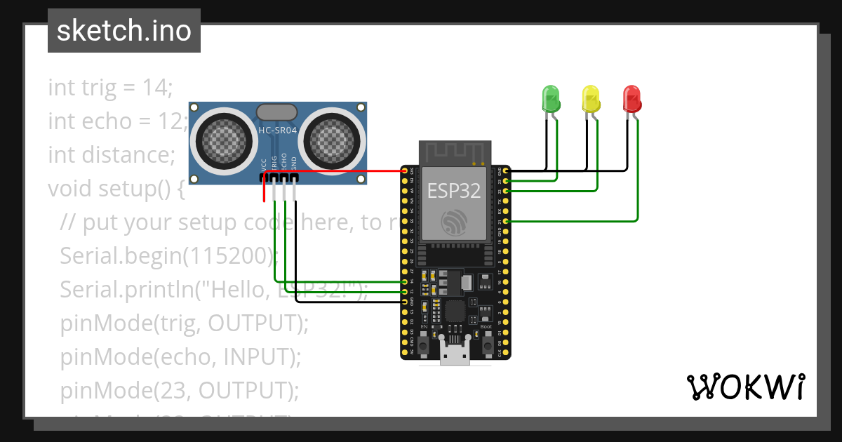 ultra sonic sensor with range - Wokwi ESP32, STM32, Arduino Simulator