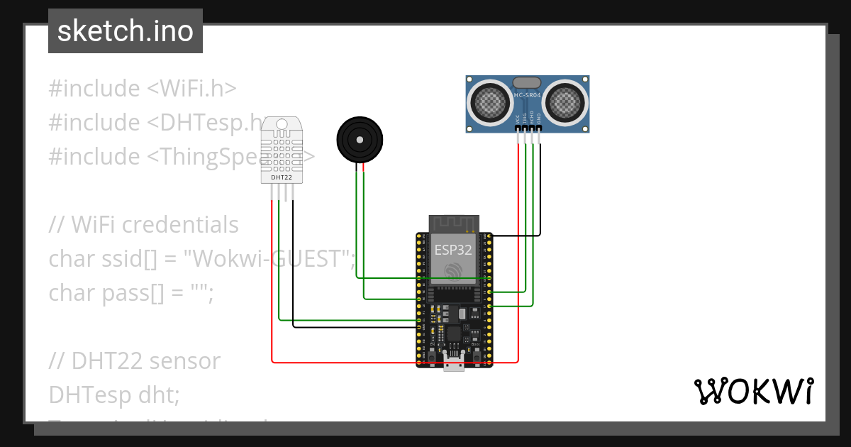 dht22buzzer ultersoni wifi and thing speake - Wokwi ESP32, STM32, Arduino Simulator