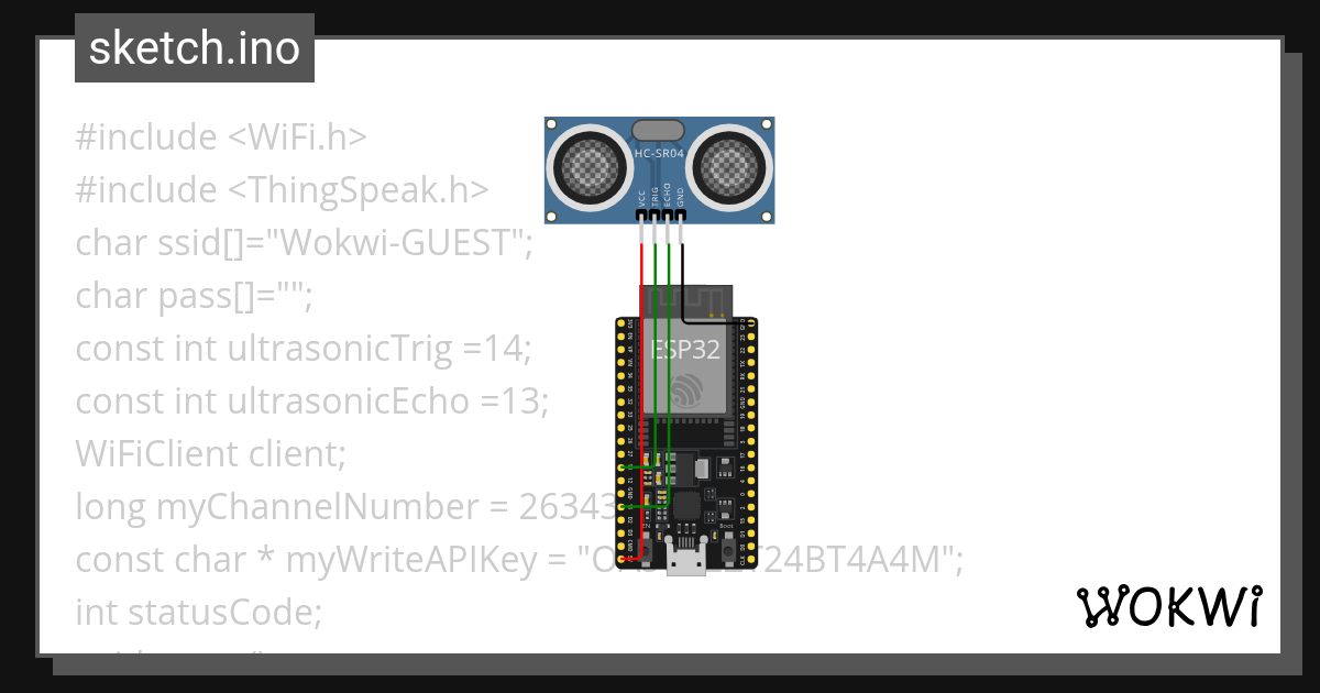 Ultrasonic with WiFi and thingspeak day5 - Wokwi ESP32, STM32, Arduino Simulator