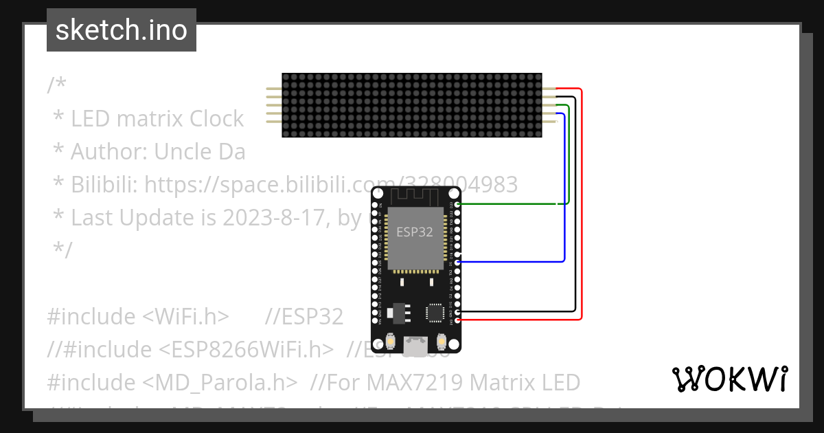ESP32_NTP Clock +Max7219 - Wokwi ESP32, STM32, Arduino Simulator