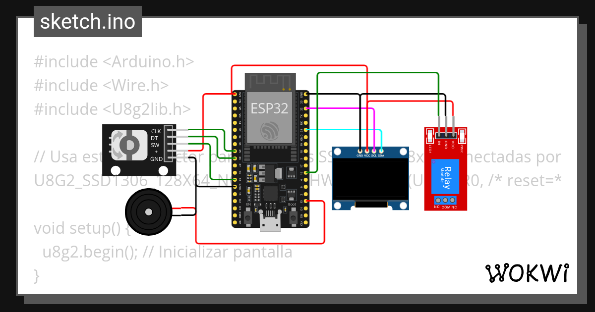 ESP32+OLED+ENCODER+RELAY+BUZER - Wokwi ESP32, STM32, Arduino Simulator