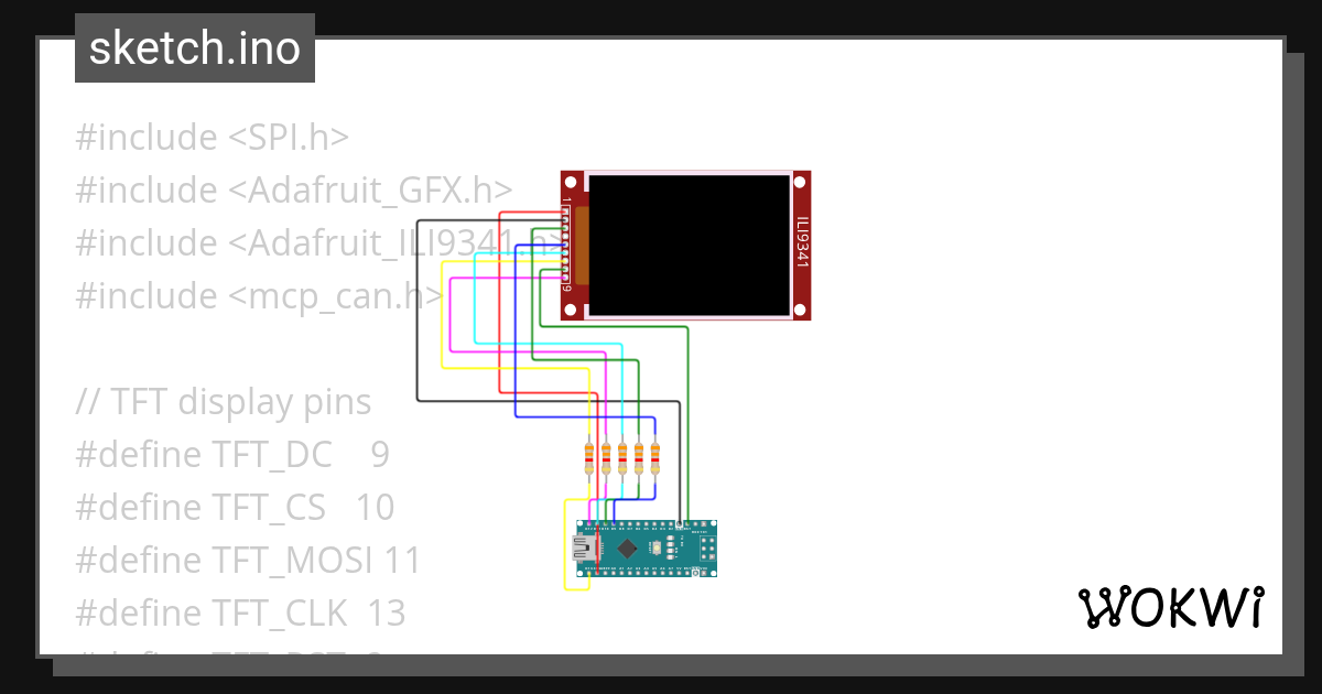 Arduino Nano + ILI9341+Can(parking sensor over can) - Wokwi ESP32, STM32, Arduino Simulator