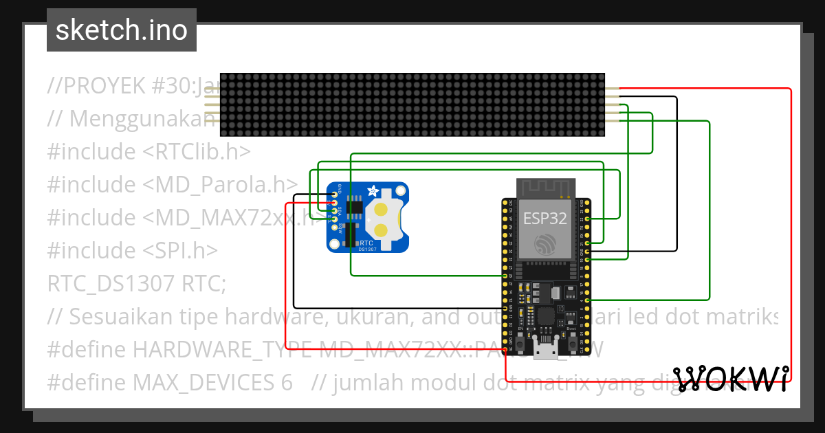 PROYEK #30:Jam Real Time dotmatrix esp32 Copy - Wokwi ESP32, STM32, Arduino Simulator