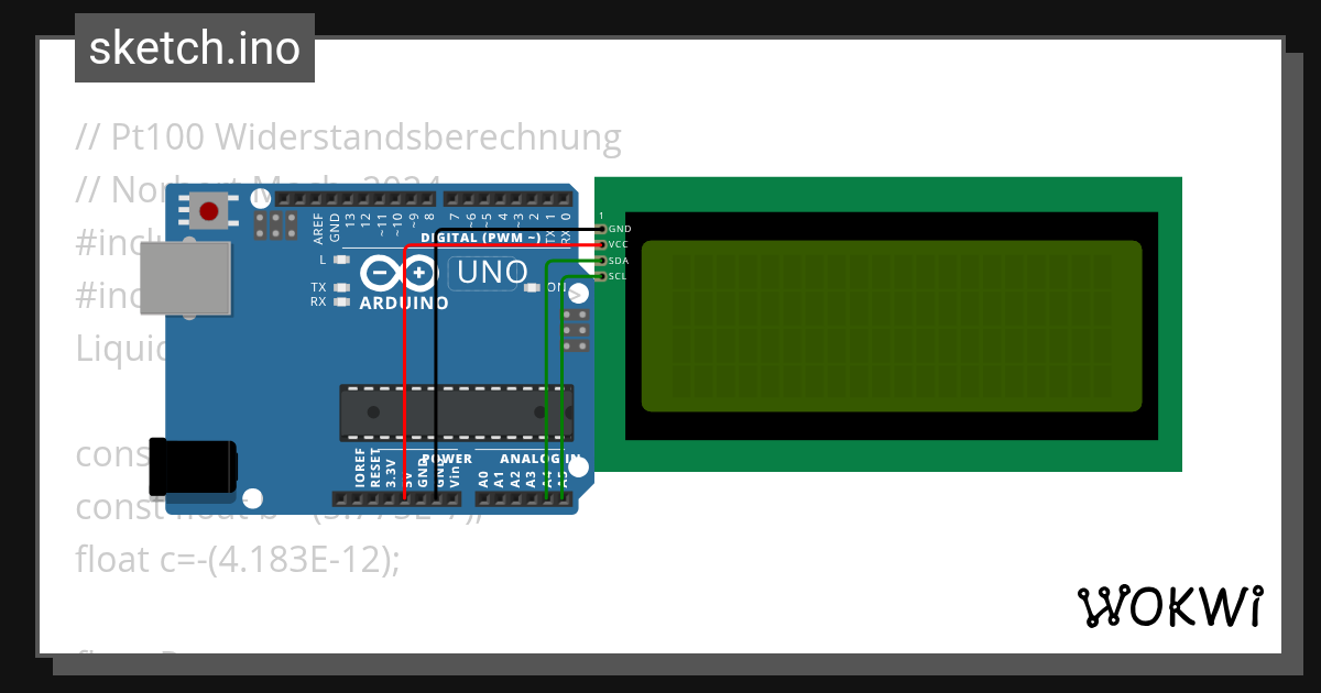 NM LCD I2C 2004 Pt100, Widerstandsberechnung, -200 bis 850, v1 Copy - Wokwi ESP32, STM32 ...