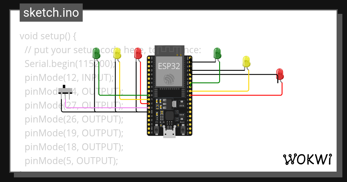 traffic signal with switch using esp32 - Wokwi ESP32, STM32, Arduino Simulator